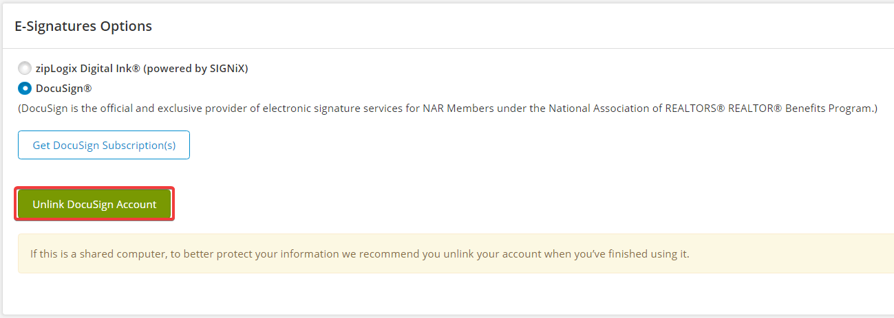 How do I unlink my DocuSign Rooms for Real Estate and zipForm accounts?