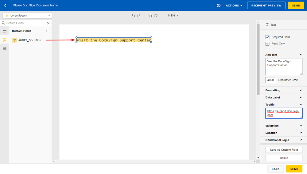 How do I create a hyperlink in a DocuSign document?