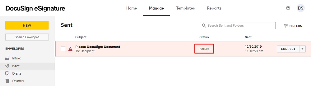 Why am I getting the 'Failure' status after sending an envelope?