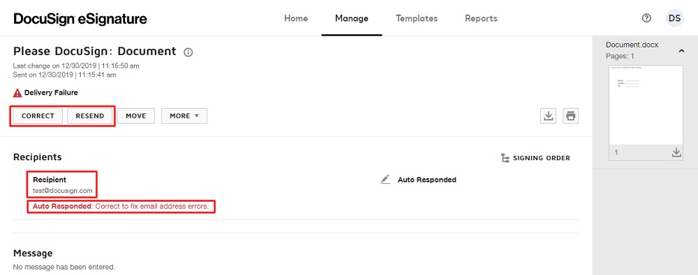 Why am I getting the 'Failure' status after sending an envelope?