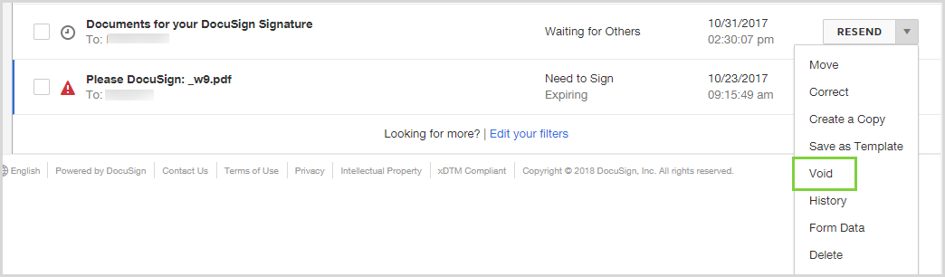 How do I void or cancel an envelope?