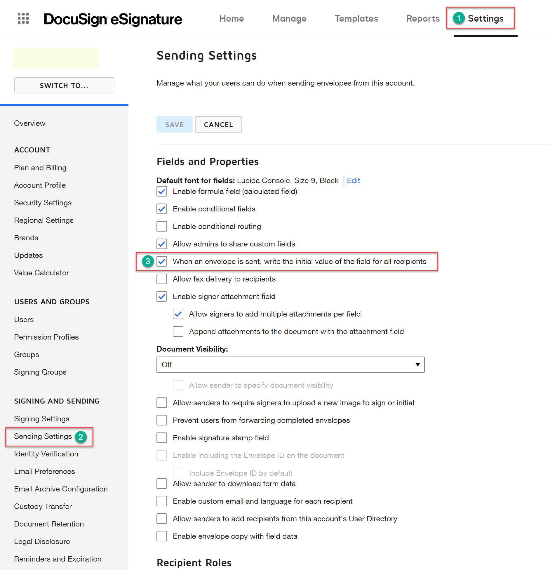 How do I share the information in all fields with all recipients when sending a document?