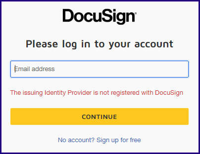 DocuSign SSO - The issuing identity provider is not registered with ...
