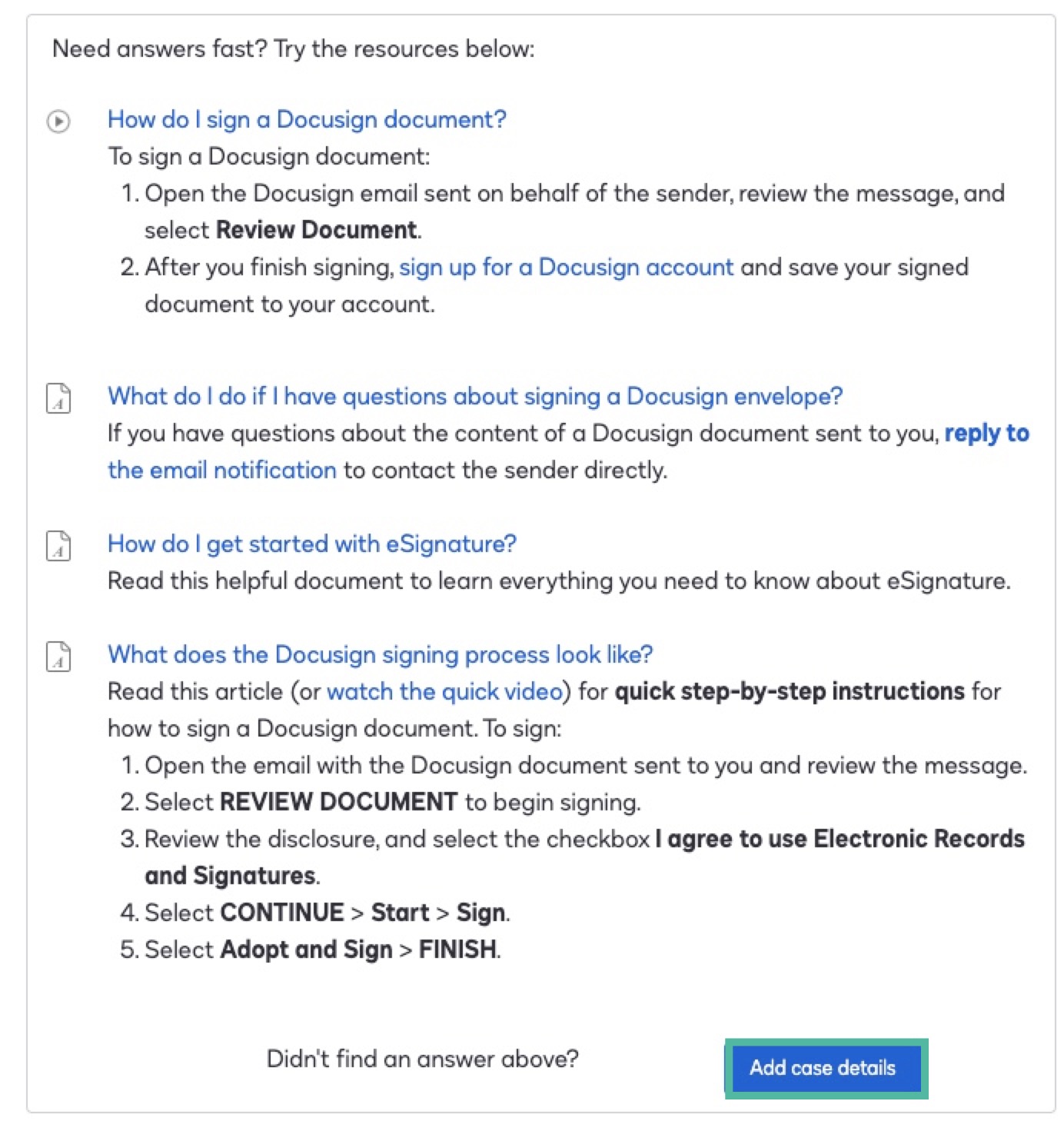 Ouvrir un ticket auprès du Centre d’assistance Docusign