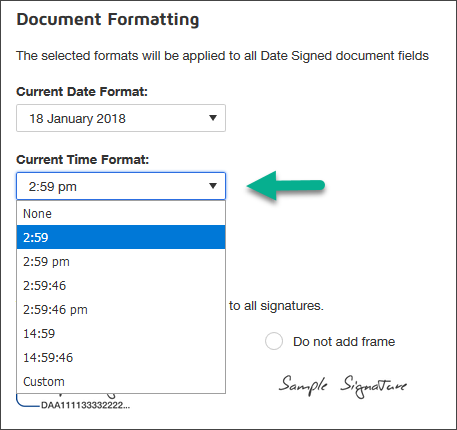 How do I include a time stamp along with the date signed on document?