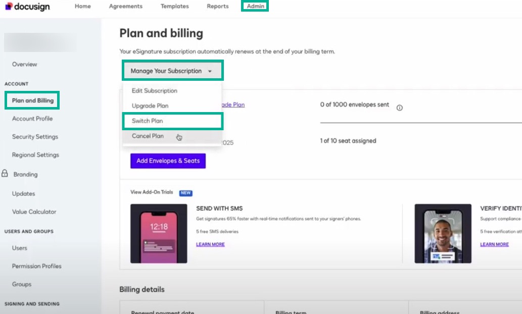 How do I change my Docusign plan from Annual to Monthly?
