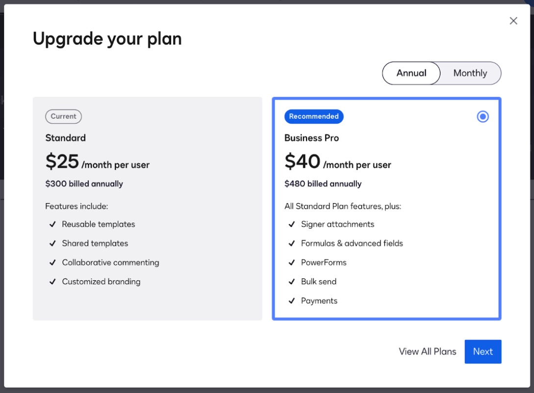 Cambie su plan de Docusign