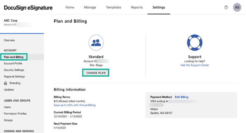 ¿Cómo cambio mi plan de DocuSign?