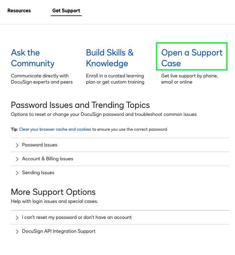 How do I open a case in the DocuSign Support Center?