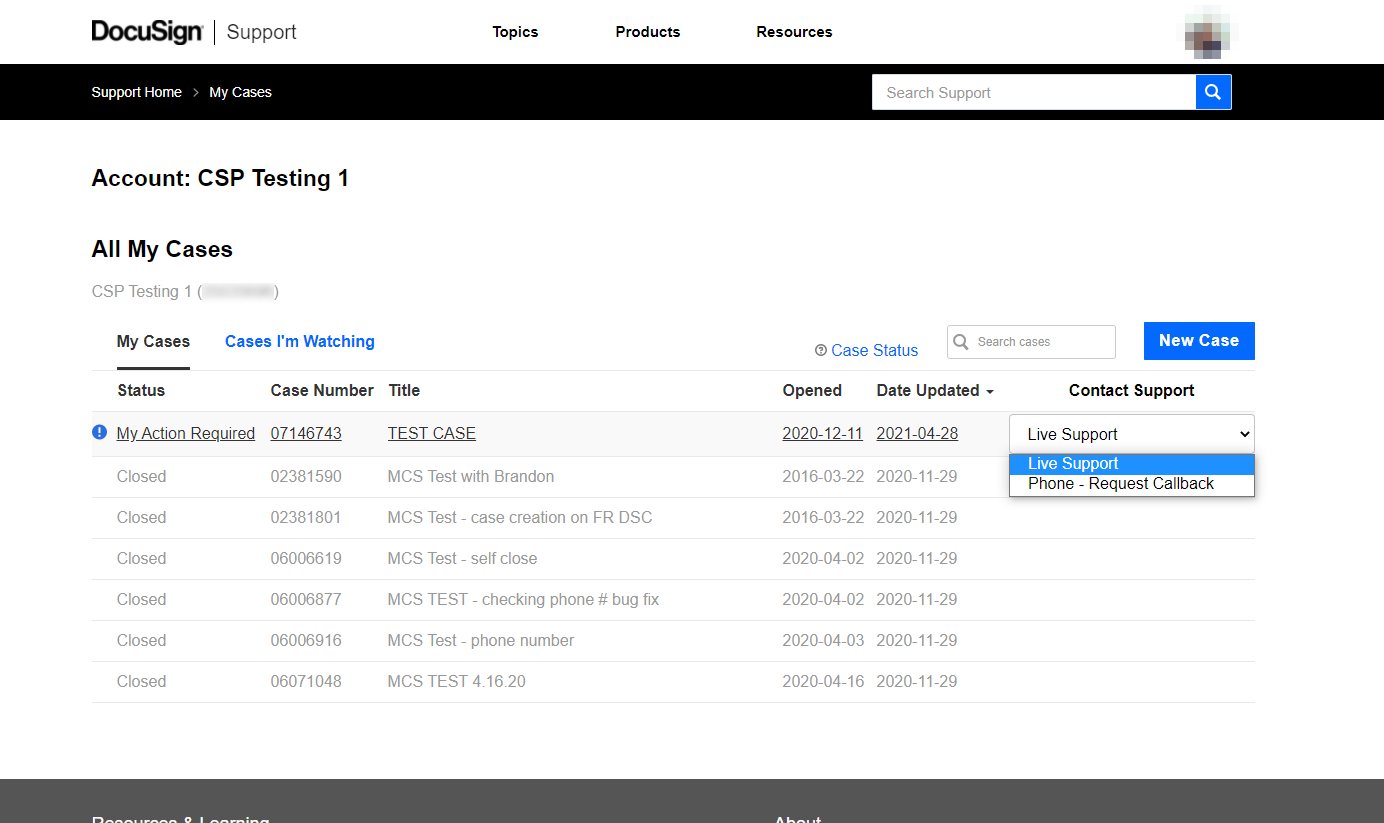 How do I open a case in the DocuSign Support Center?