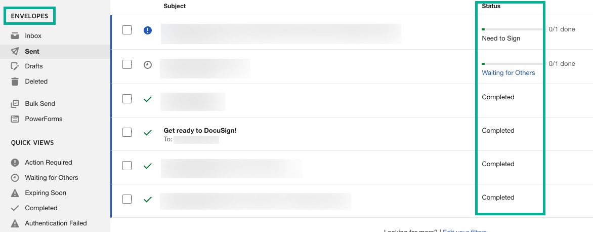 How do I view the details for envelopes I've sent or signed?