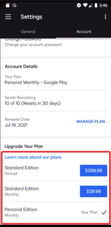 Manage or close your DocuSign subscription (Android)