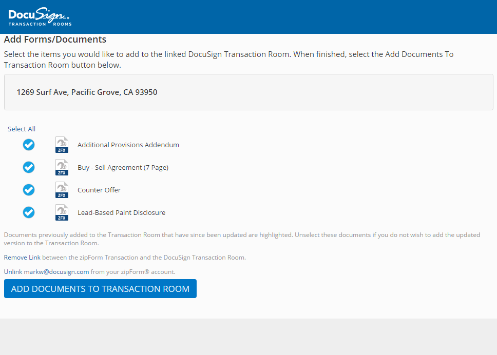 How to Send zipForm forms to DocuSign Rooms for Real Estate