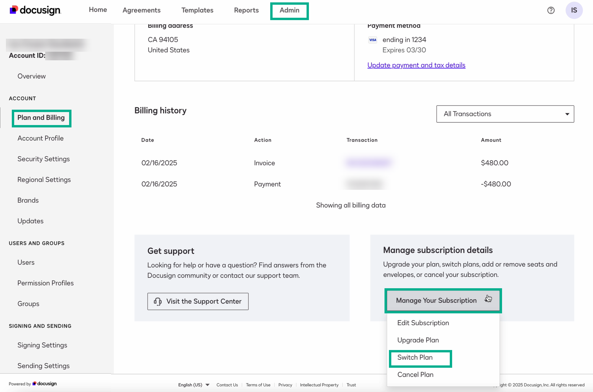 How do I change my Docusign plan from Annual to Monthly?