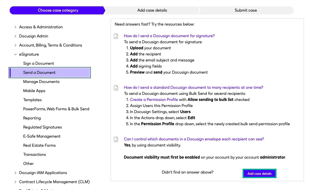 Abrir um caso no Centro de suporte Docusign