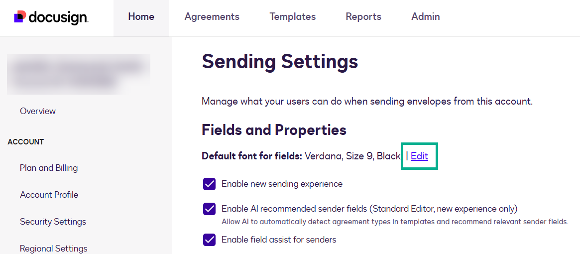 How do I set a default/custom font in my Docusign account?